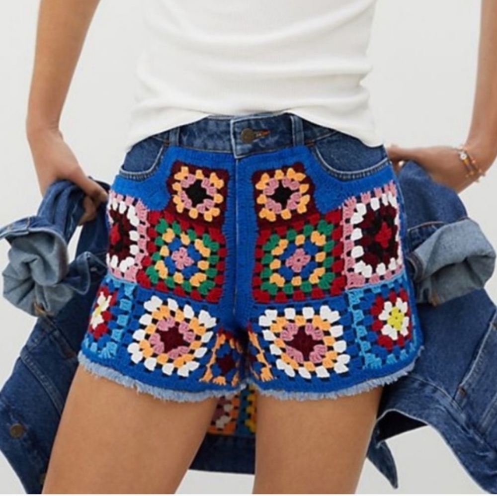 Farm Rio Granny Square Crochet Denim Shorts - Gem